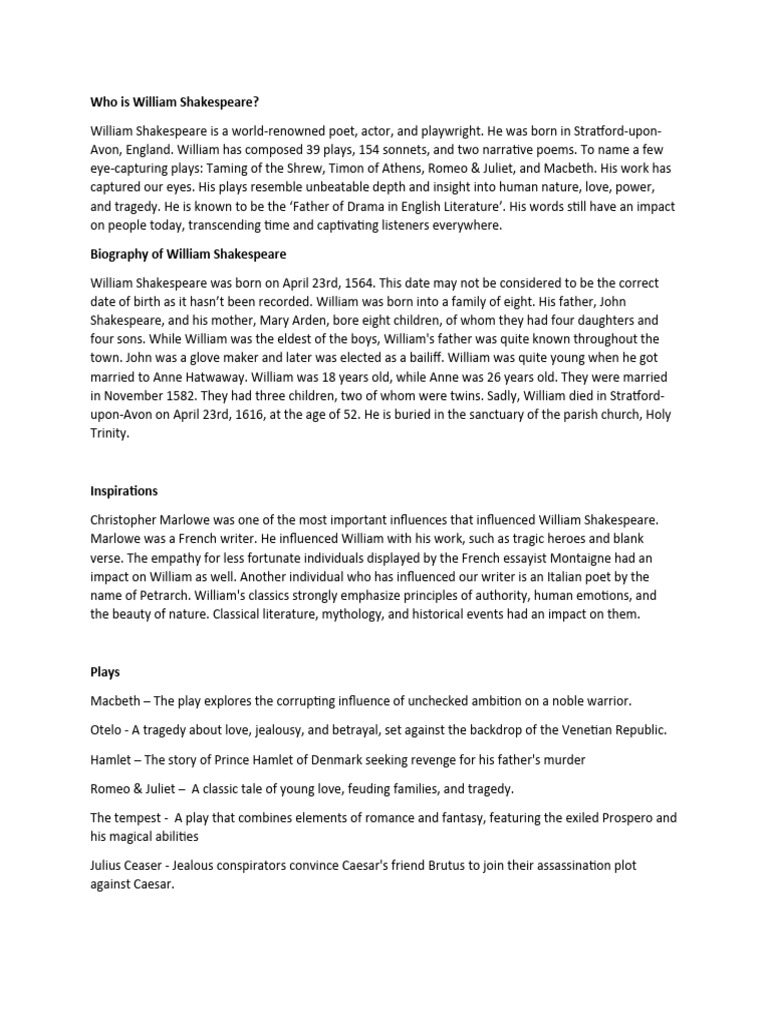 William Shakespeare: Life and Works Overview | PDF | William Shakespeare