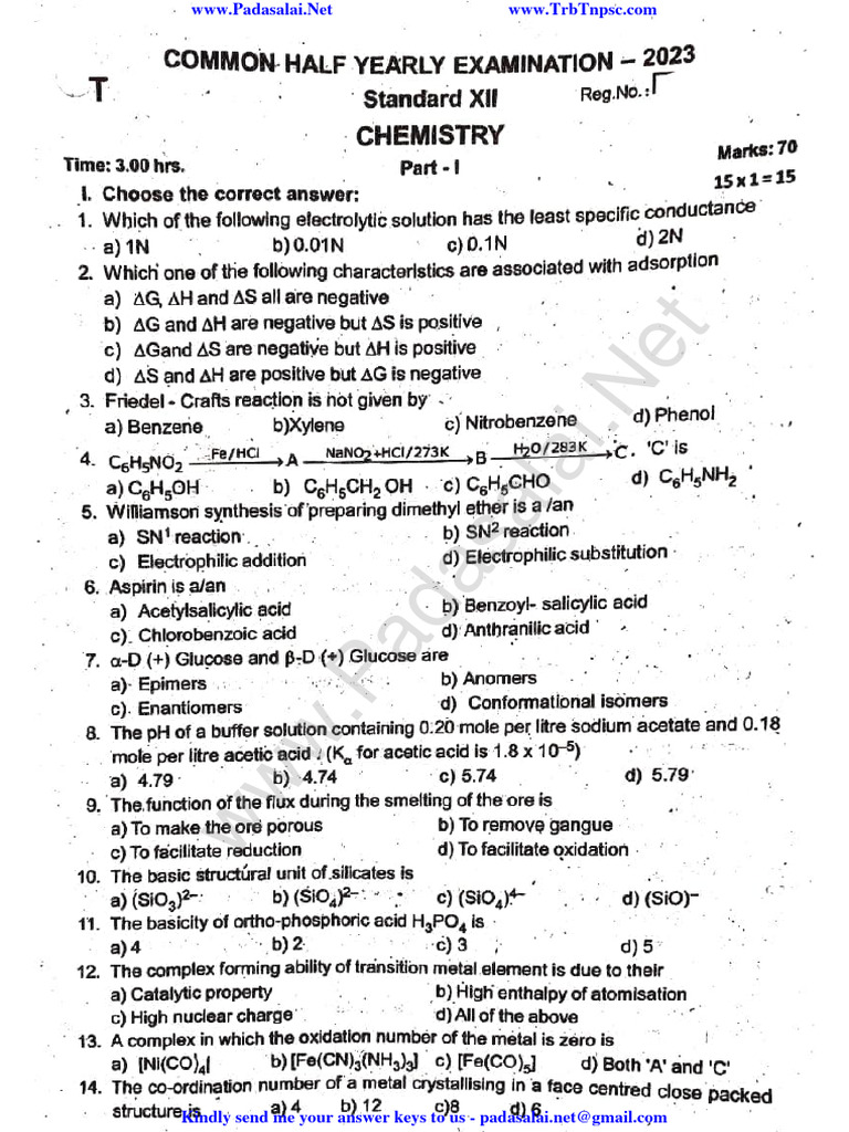 12th Chemistry EM Half Yearly Exam 2023 Question Paper Toothukudi ...