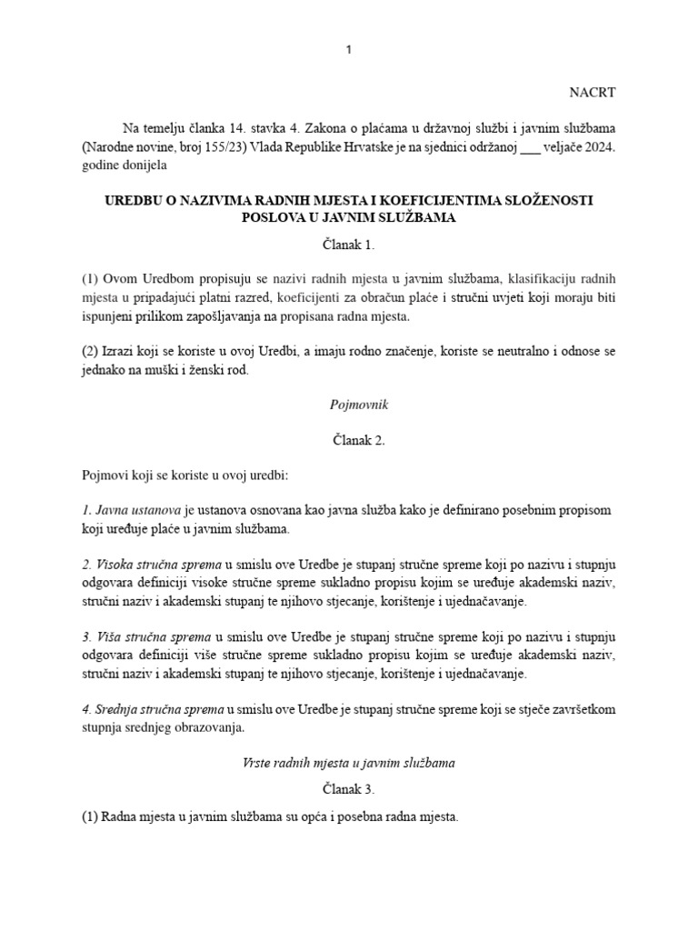 Nacrt Prijedloga Uredbe o Koeficijentima U Javnim Službama | PDF