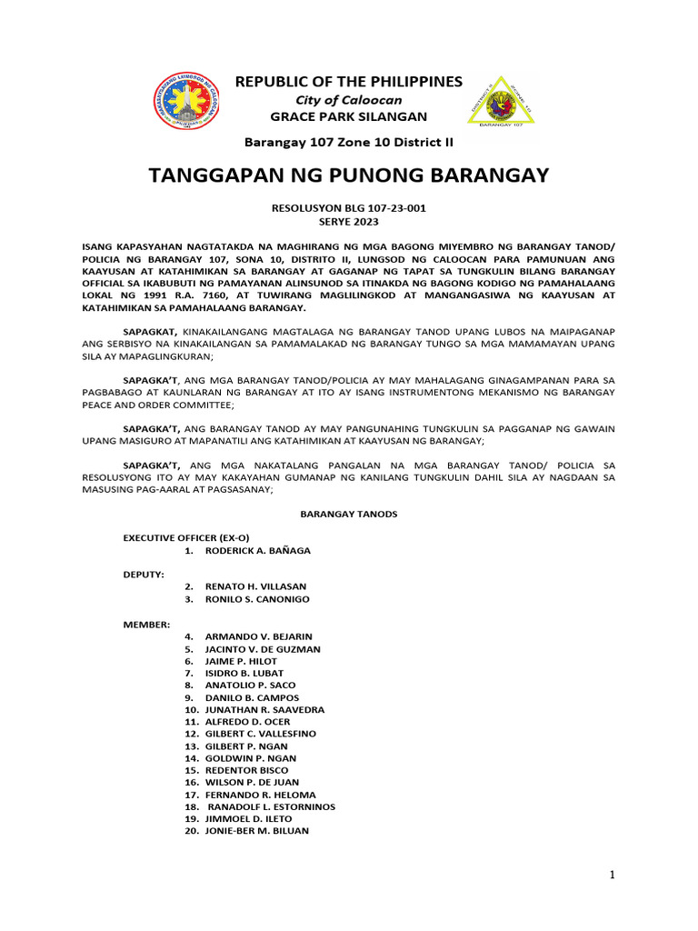 107-23-001 Reso Tanod New 2023 | PDF