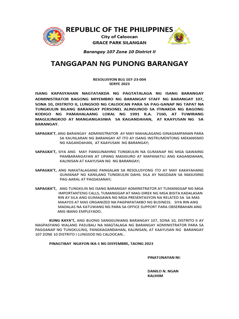 107-23-004 Reso Brgy Admin | PDF