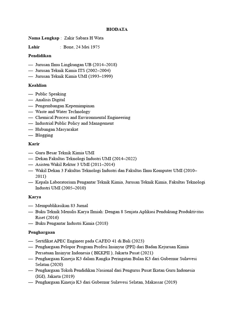 Biodata Zakir Sabara H Wata | PDF