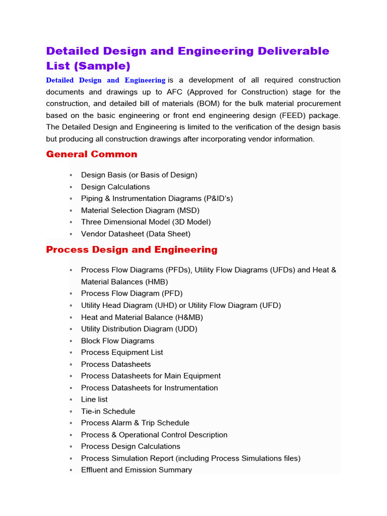 Detailed Design and Engineering Deliverable List | PDF | Instrumentation | Structural Steel