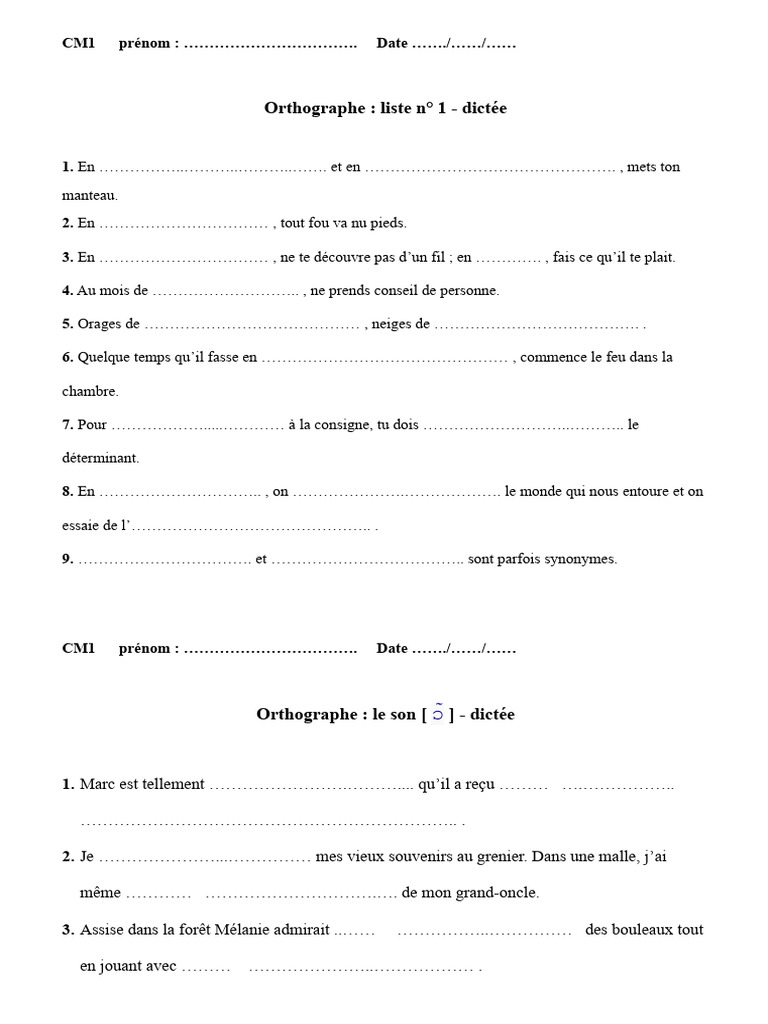 Ortho Cm1 Dictees A Trous Dys | PDF