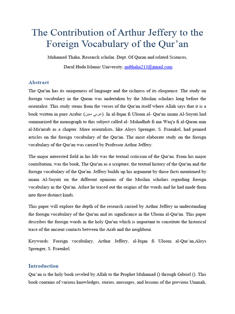 Arthur Jeffery's Study of Quranic Vocabulary | PDF | Quran | Islam
