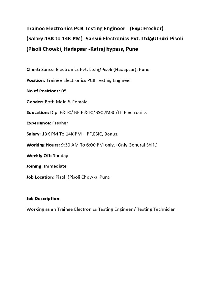 JD-Trainee Electronics PCB Testing Engineer | PDF | Career & Growth