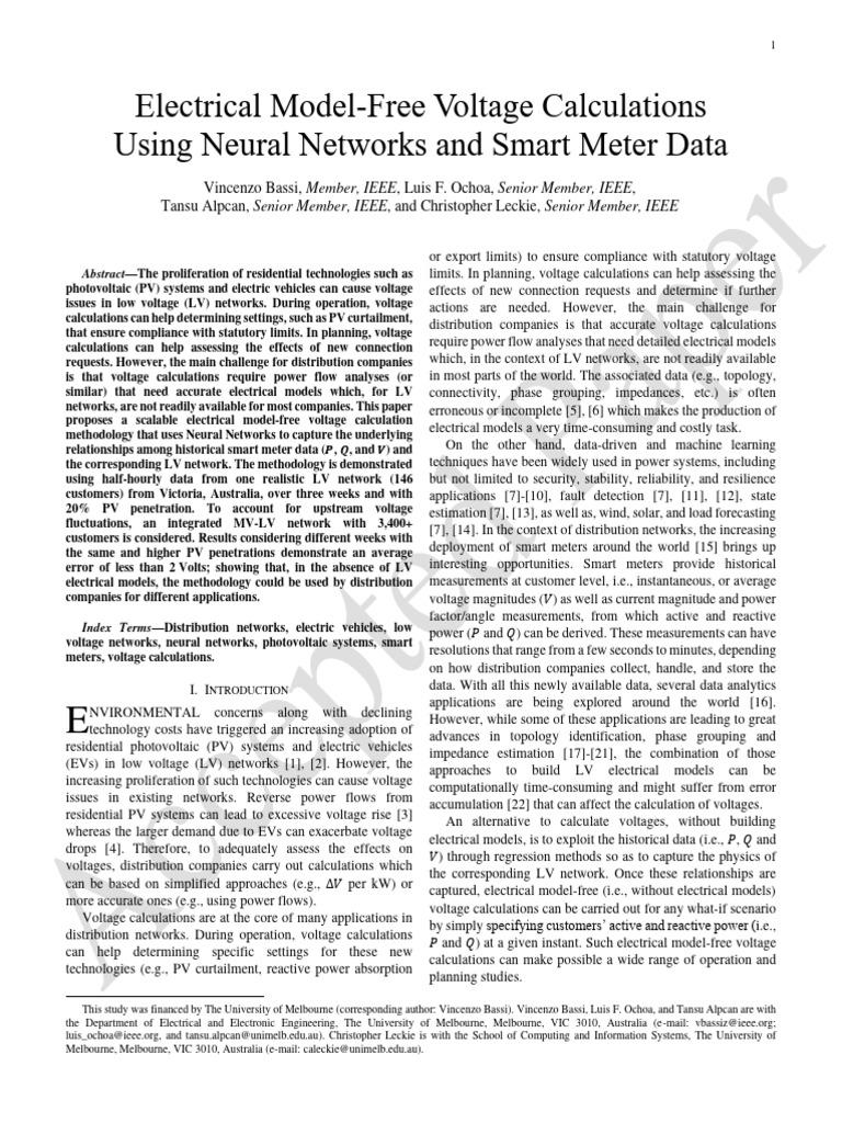 Electrical Model-Free Voltage Calculations Using Neural Networks and Smart Meter Data | PDF