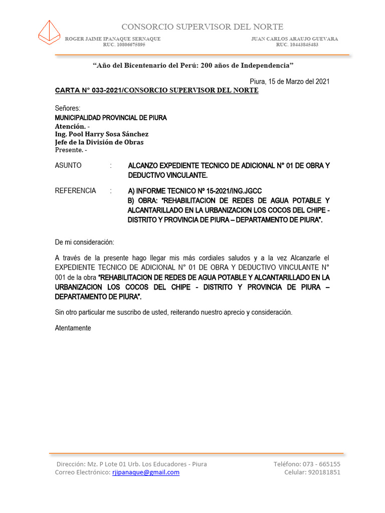 CARTA #022-2021 Alcanzo Informe de Adicional de Obra | PDF