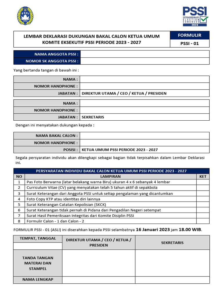 Formulir Dukungan Calon Ketua PSSI | PDF