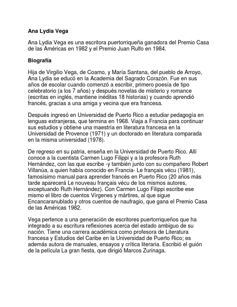 Ana Lydia Vega: Biografía y Premios | PDF | Ficción general