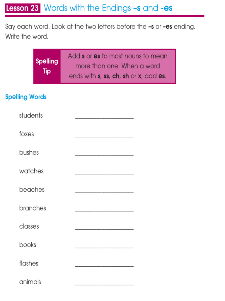 Spectrum Spelling Gr. 2 Lesson 23 Word Endings - S and - Es | PDF ...
