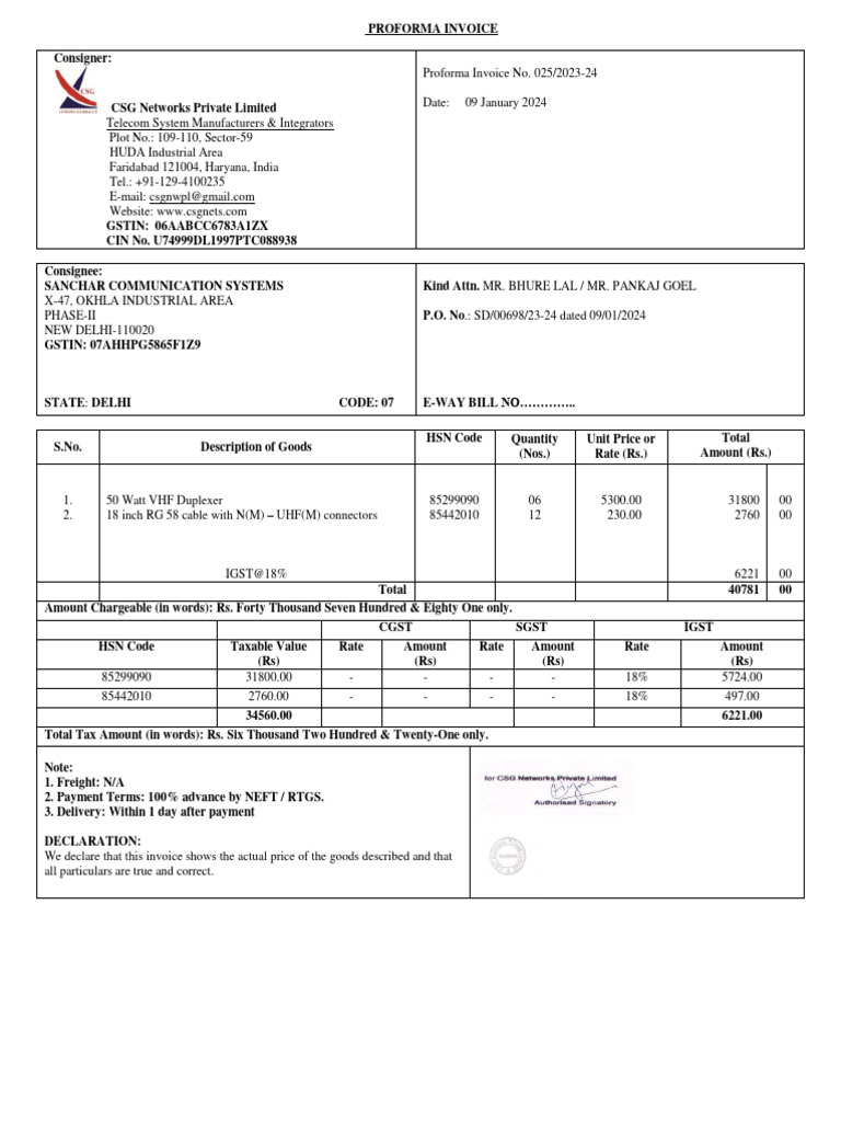 Proforma Invoice for Sanchar Communication | PDF | Government | Public ...