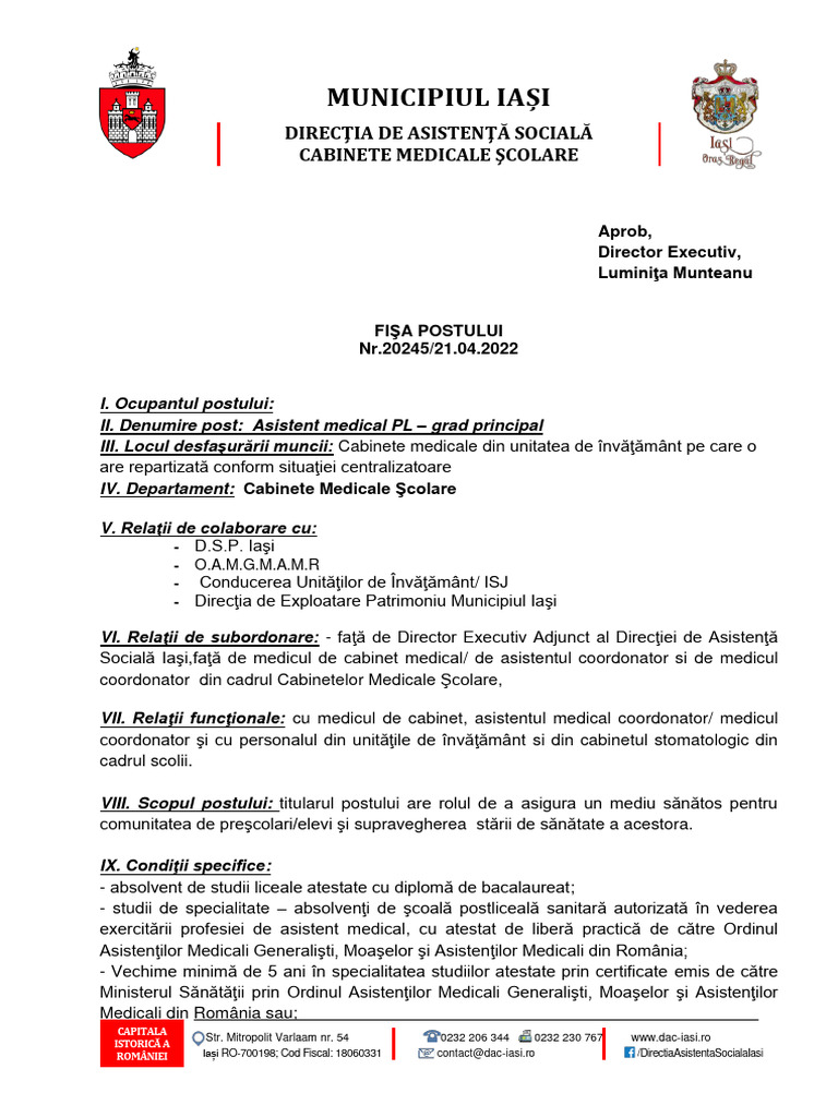 Fisa Post Asistent Medical Principal 02052022 | PDF