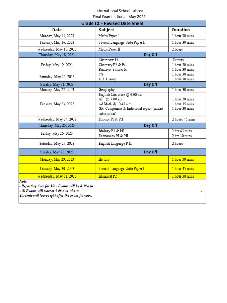 Final Examination Datesheet Ix Revised Pdf