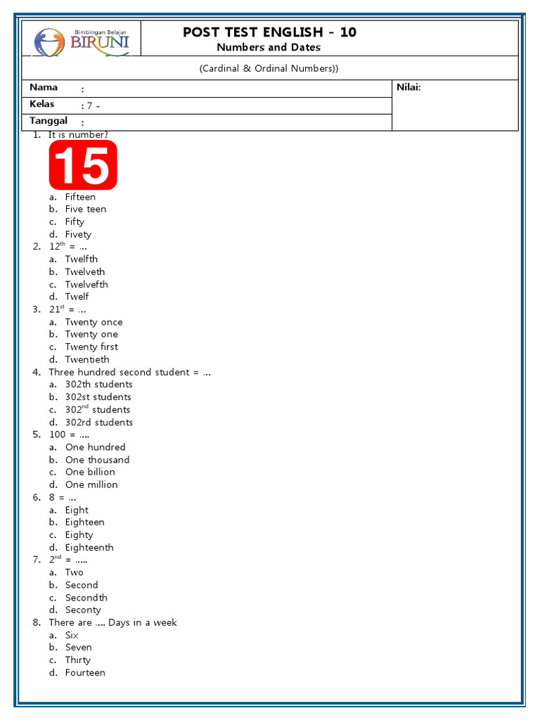 POST TEST ENGLISH - 10 Numbers and Dates (Cardinal & Ordinal Numbers ...