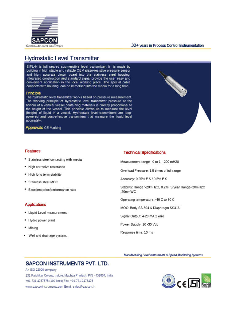 Hydrostatic Level Transmitter Overview | PDF | Physical Sciences ...