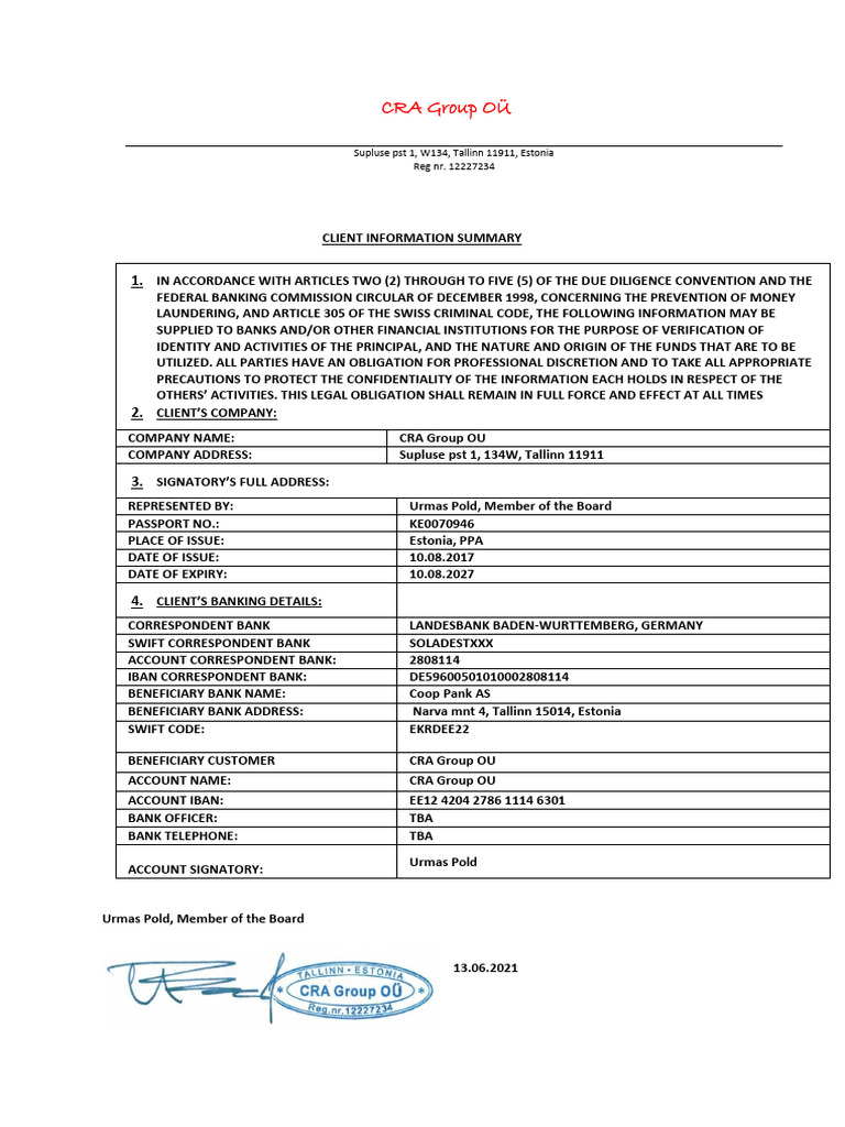 CRA Group OÜ Banking Details Summary | PDF | Financial Services | Justice