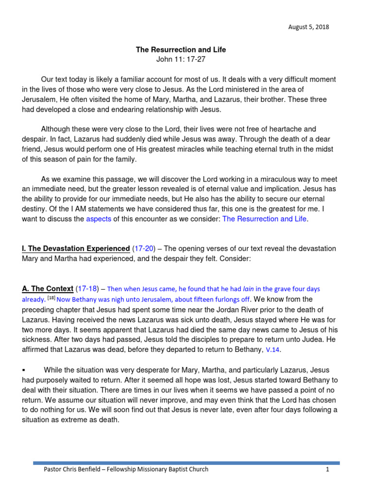 The Resurrection And Life John 11 17 27 PDF Lazarus Of Bethany