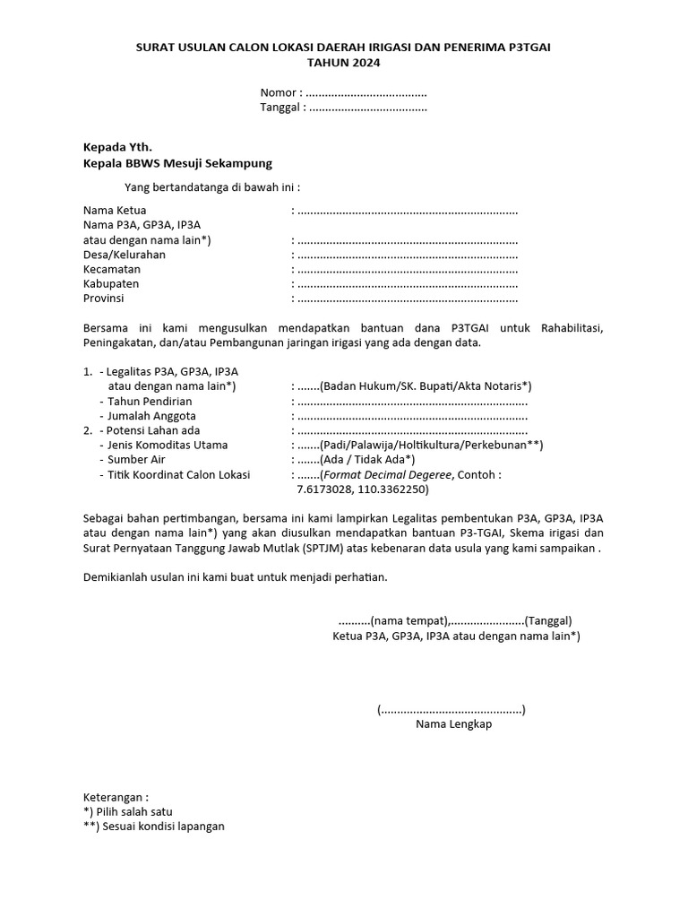 Surat Usulan Lokasi P3TGAI 2024 | PDF