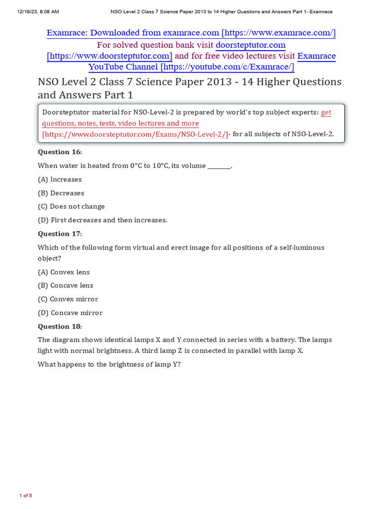 NSO-Level-2-Class-7-Science-Paper-2013-14-Part-1 | PDF | Optics | Equipment