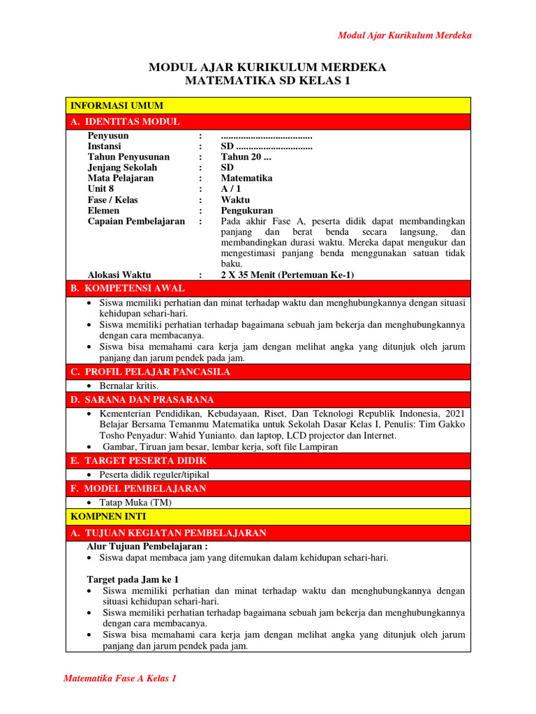 Modul Ajar Pengukuran Waktu Kelas 1 | PDF