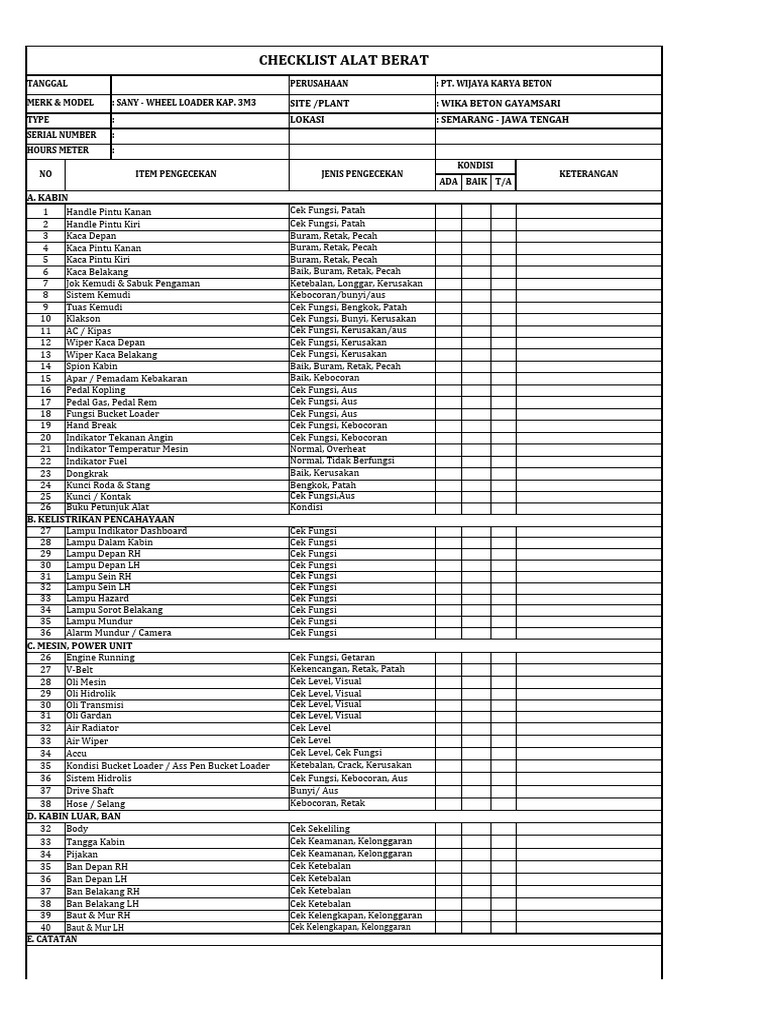 Checklist Pengecekan Wheel Loader | PDF