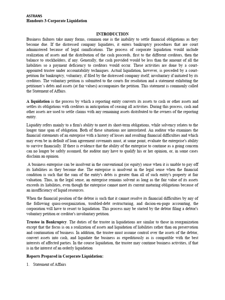 Handouts 3 Corporate Liquidation Pdf Book Value Bankruptcy