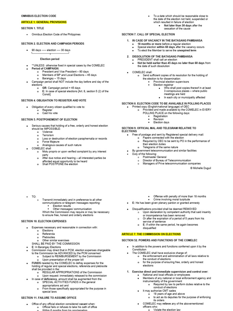 Omnibus Election Code Reviewer | PDF