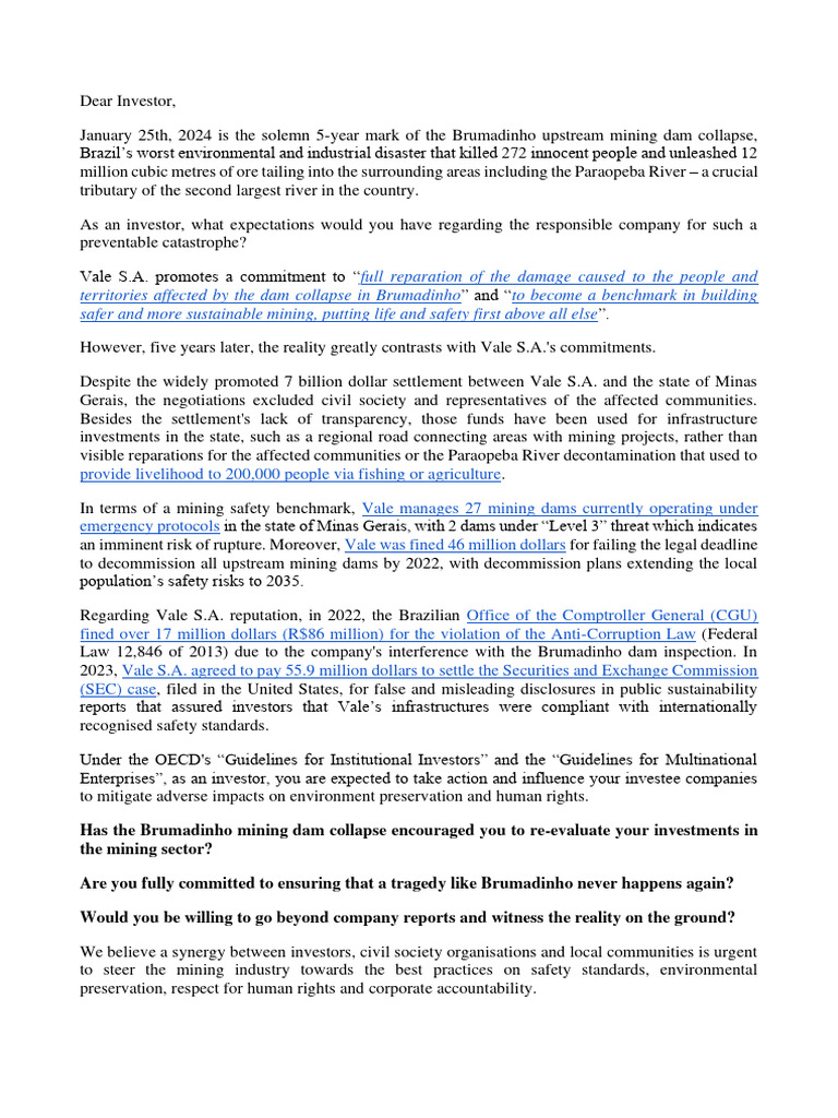 Letter To Vale Investors On The 5th Anniversary of The Brumadinho Dam ...