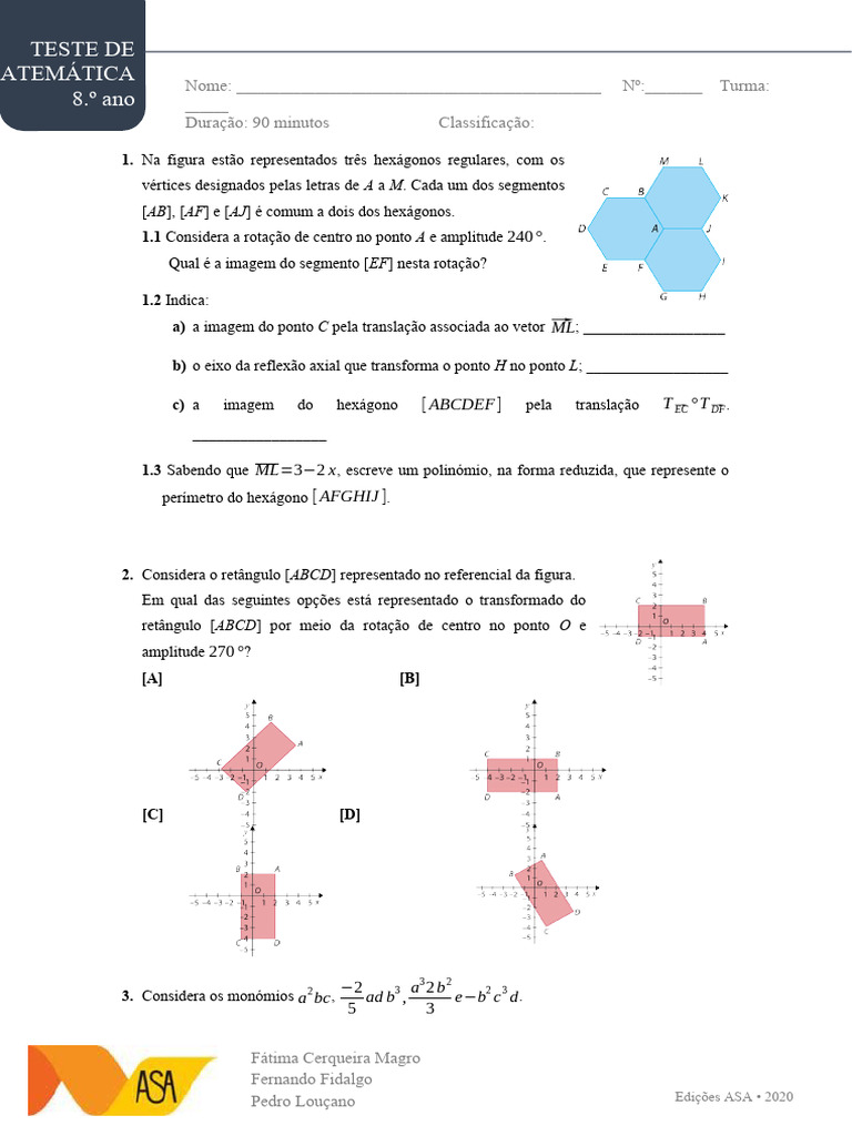 Teste2 1P 8ano | PDF | Equações | Álgebra abstrata