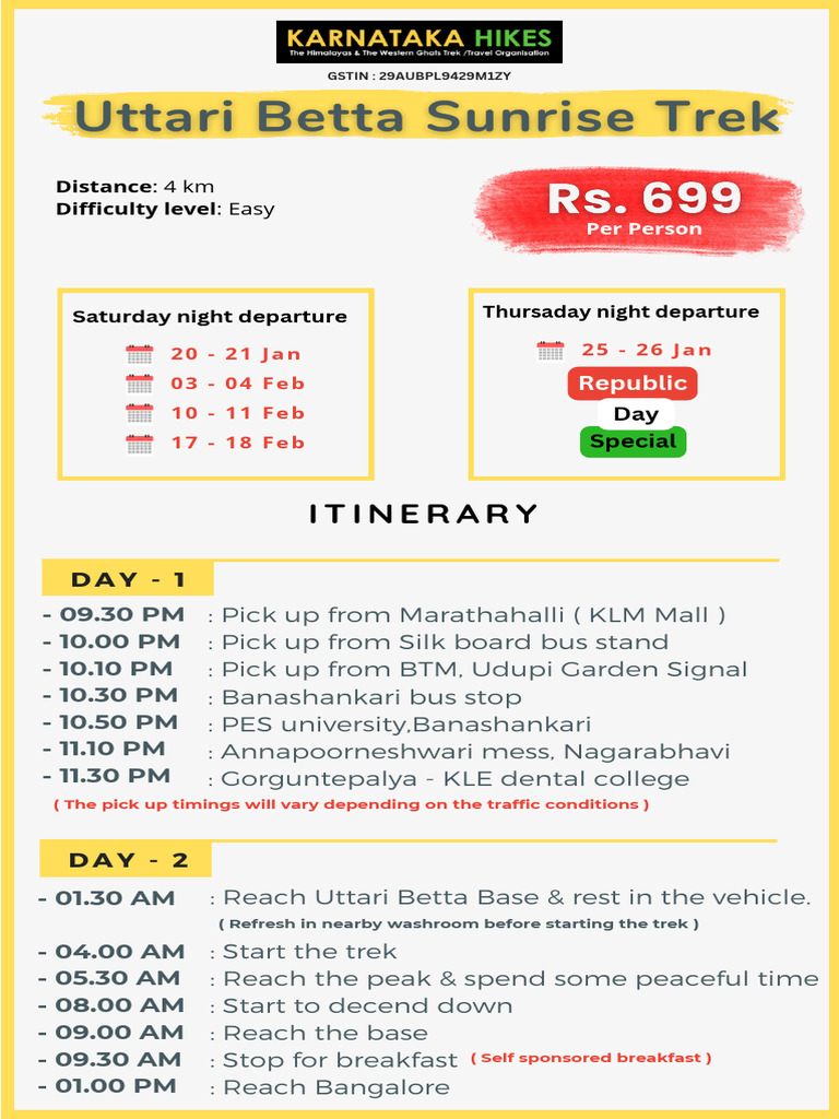 Uttari Betta Sunrise Trek Itinerary | PDF