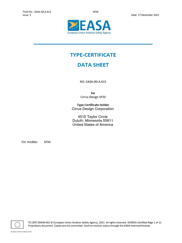 Te - Cert - .00048 Tcds Euasa Im.a.615 Sf50 r5 | PDF | Federal Aviation ...