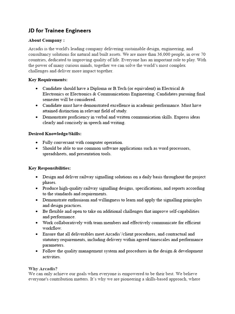 Trainee Engineer Job at Arcadis | PDF