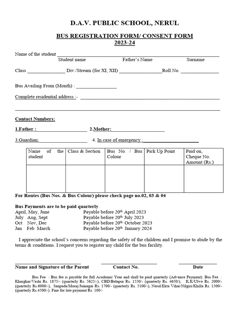 Bus Reg Form & Routes - 2023-24 | PDF