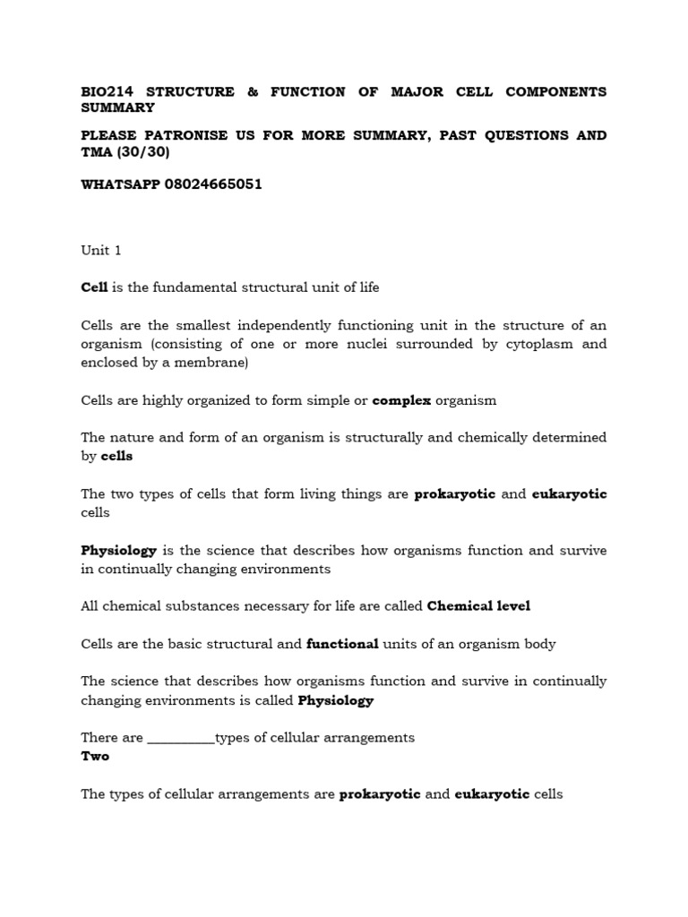 Bio214 Structure & Function of Major Cell Components | PDF | Cell ...