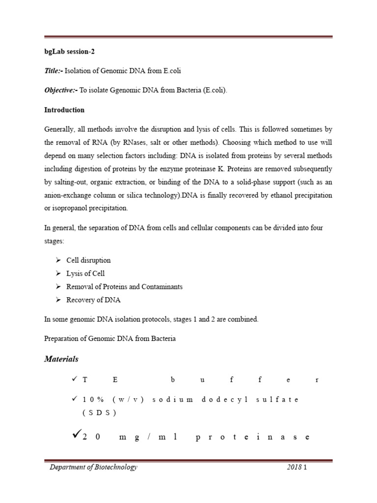 Lab 2-Isolation of Genomic DNA From E.coli | Download Free PDF | Sodium Dodecyl Sulfate | Dna