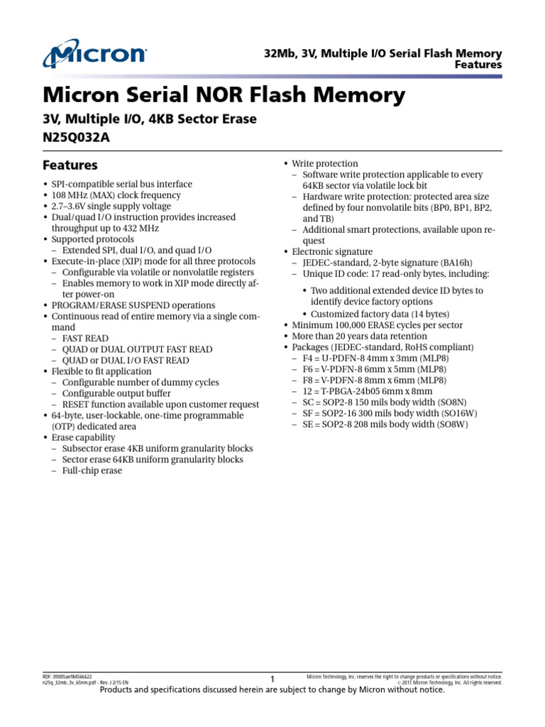 Micron Datasheet N25Q032A RevJ | PDF