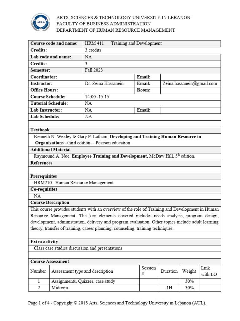 HRM411 Training and Development Syllabus | PDF | Business ...