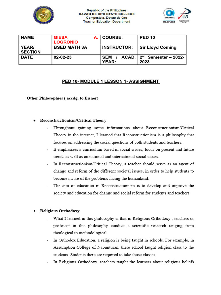 Logronio - PED 10 - M1L1 (Assignment) | PDF