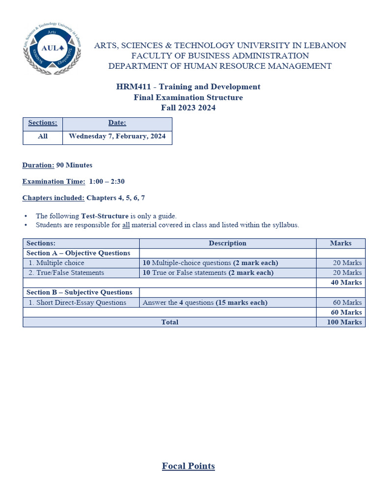 HRM411 - Final Examination Structure - Fall 2023 2024 | PDF | Multiple Choice | Science