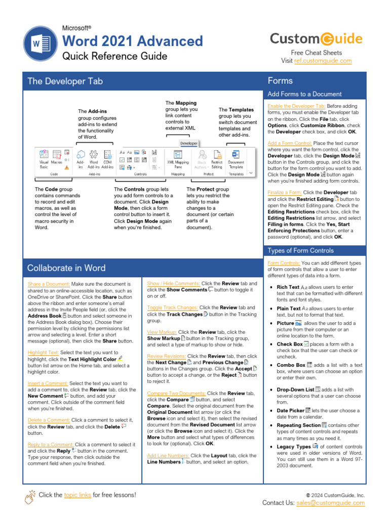 Word 2021 Advanced Quick Reference | PDF | Microsoft Word | Software
