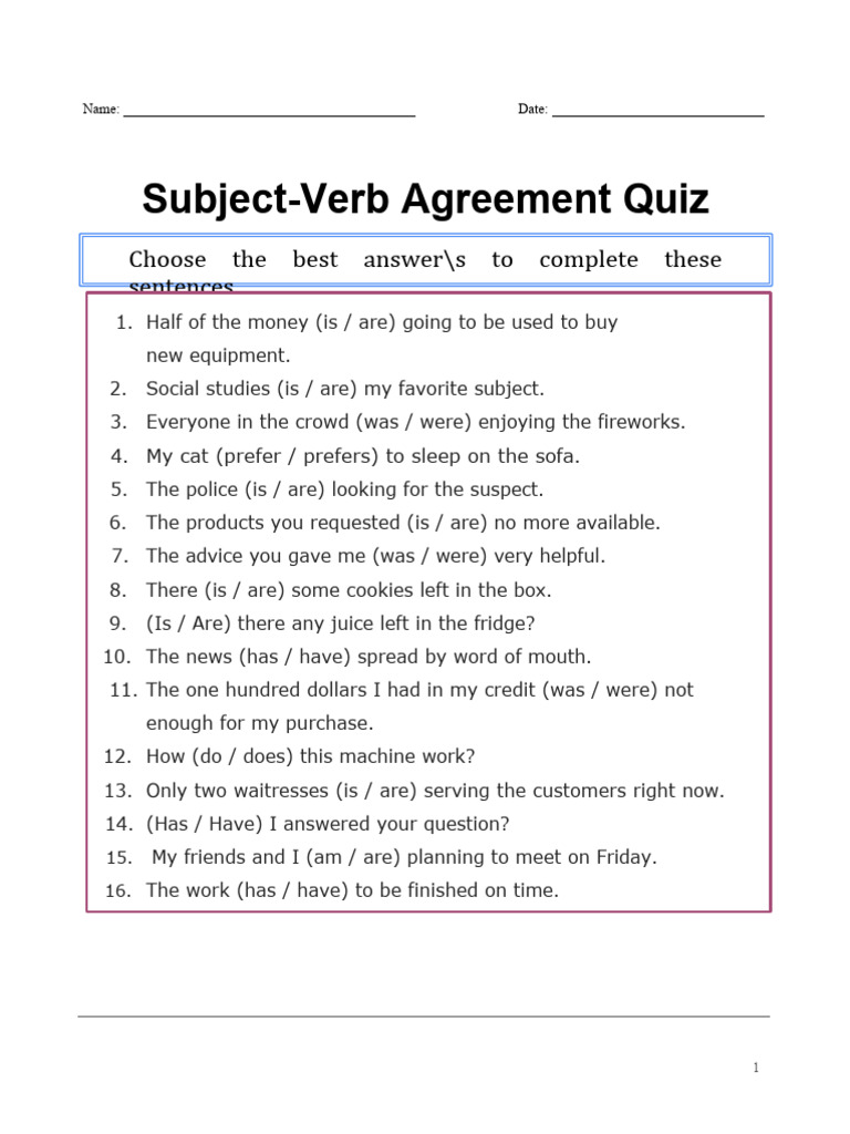 Subject Verb Agreement Quiz With Answers | PDF
