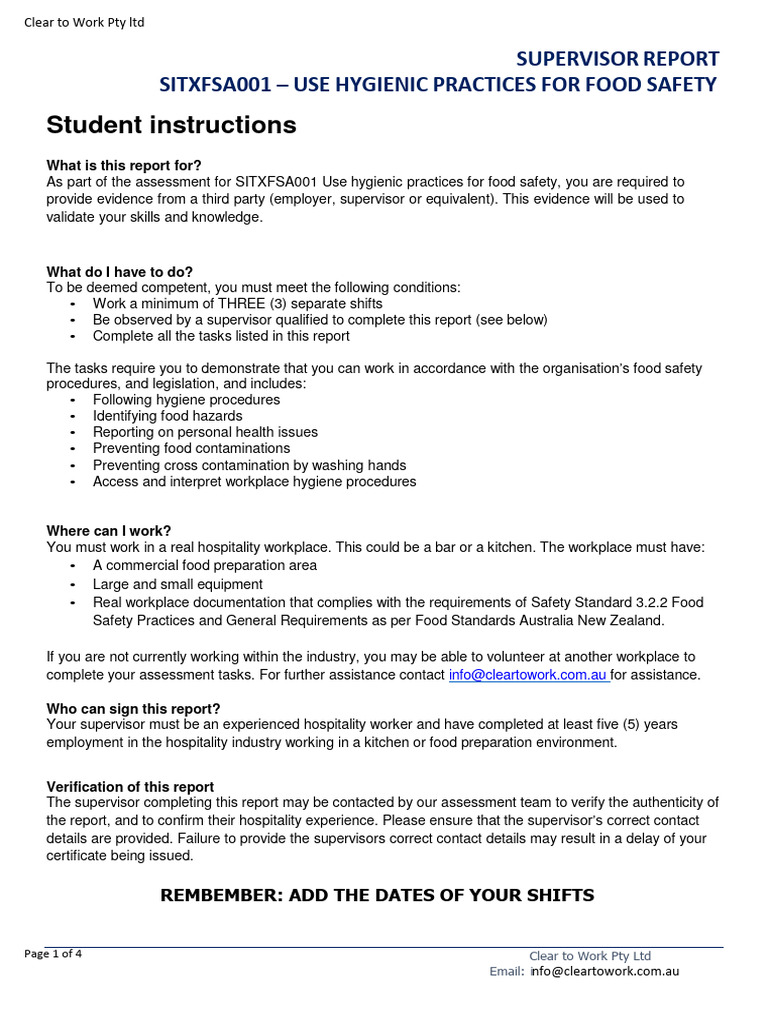 SITXFSA001 Supervisor Report CTW PDF | PDF | Hygiene | Food Safety