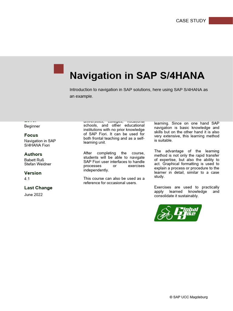 Intro S4HANA Using Global Bike Navigation Course en v4.1 | PDF
