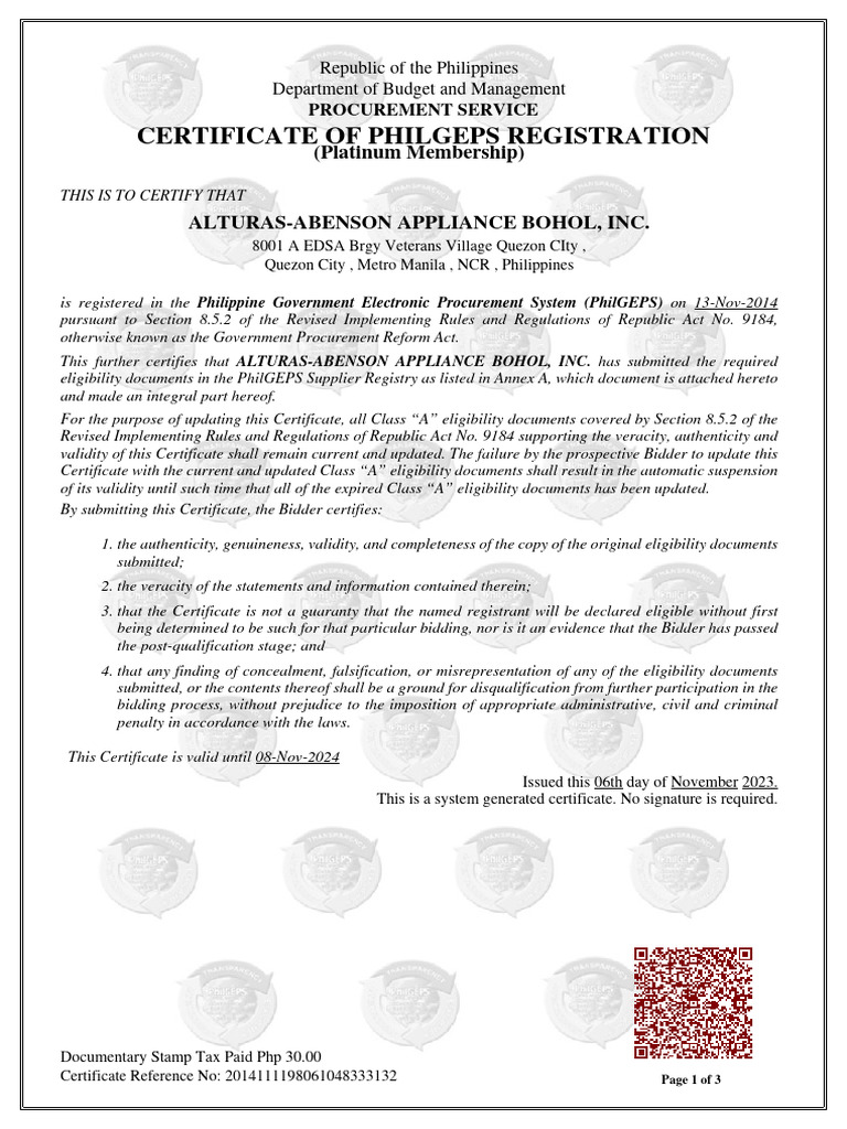 PhilGEPS Registration Certificate: Alturas-Abenson | PDF | Metro Manila | Government