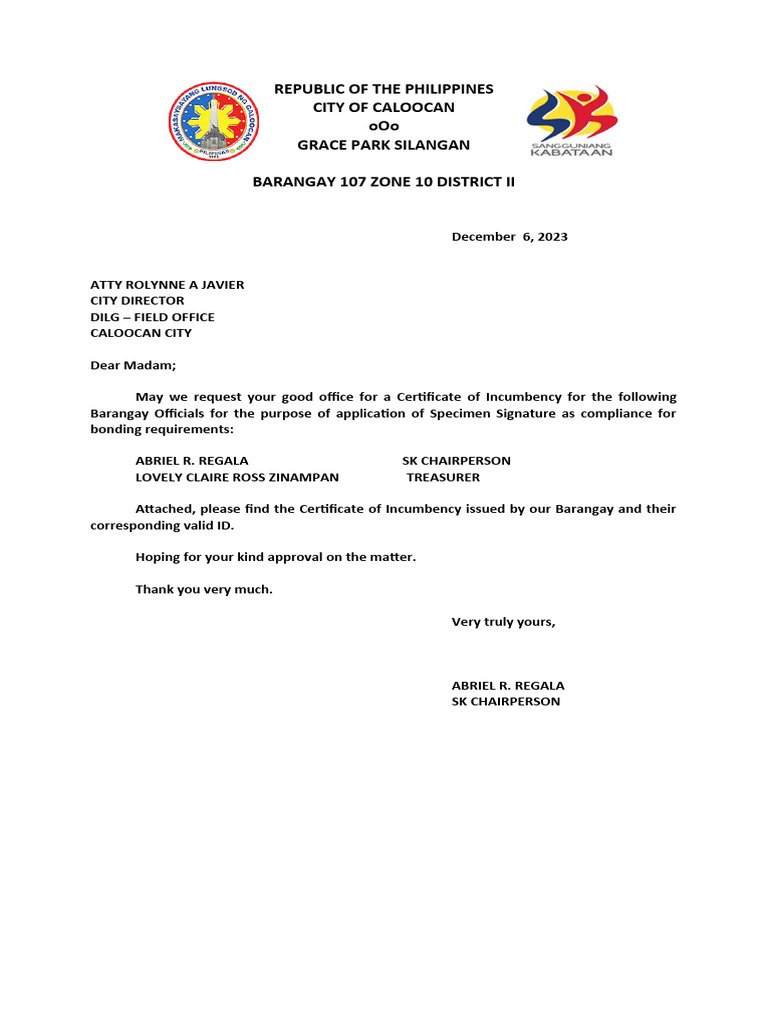 LETTER Request To Dilg For CERTIFICATE OF INCUMBENCY FOR SPECIMEN ...