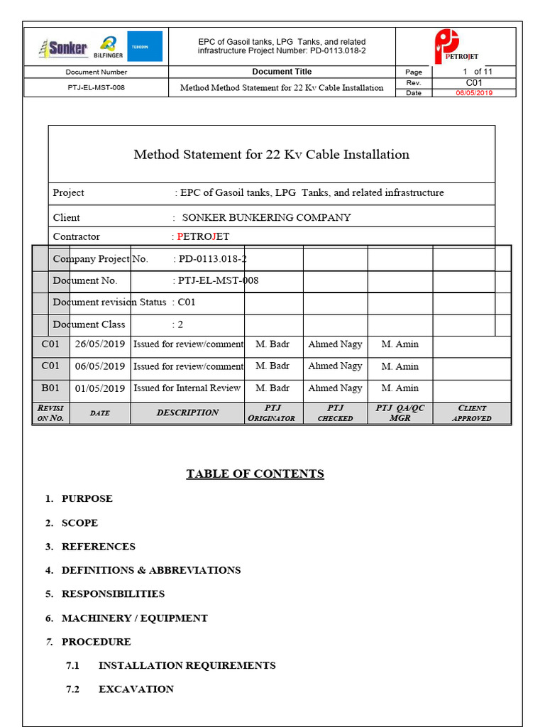 Method Statement For 22Kv Cable Installation Rev c02 | PDF