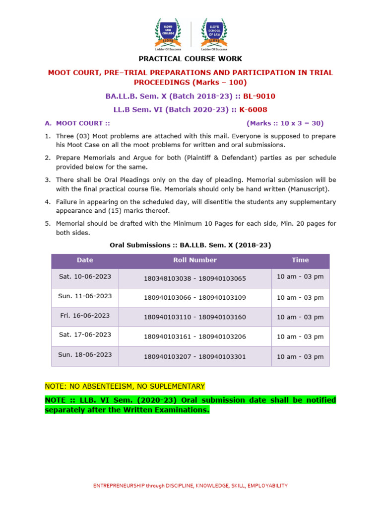 Moot Court, Pre-Trial Preparations and Participation in Trial ...