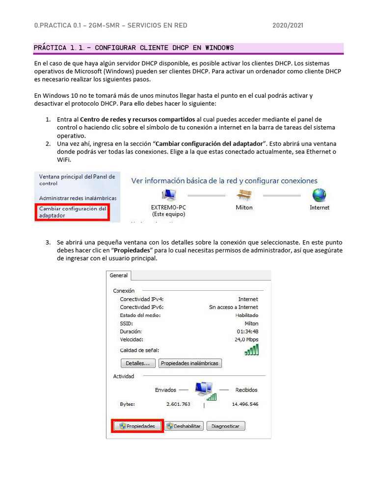 PRACTICA 1.1. - Configurar Cliente DHCP | PDF | Dirección IP | Protocolos de internet