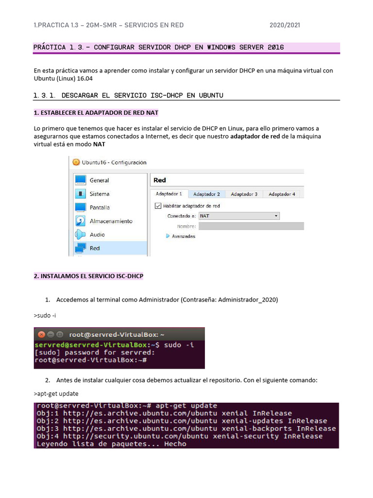 PRACTICA 1.3. - Configurar Un Servidor DHCP - Ubuntu Linux 16 | PDF